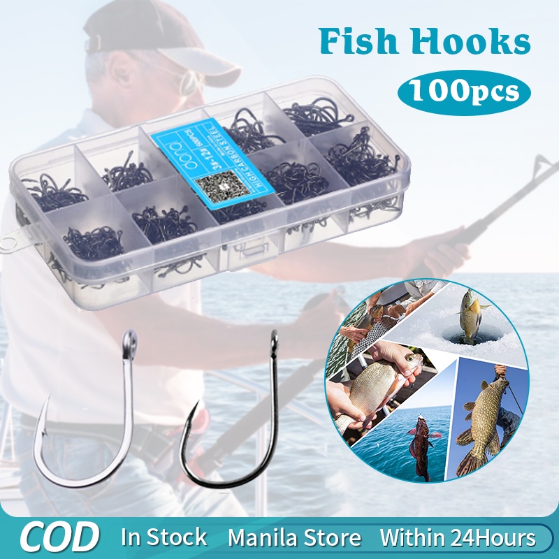 100Pcs/Box Fish Hooks Set 10 Sizes Carbon Steel Fish Bait Hook | Shopee ...