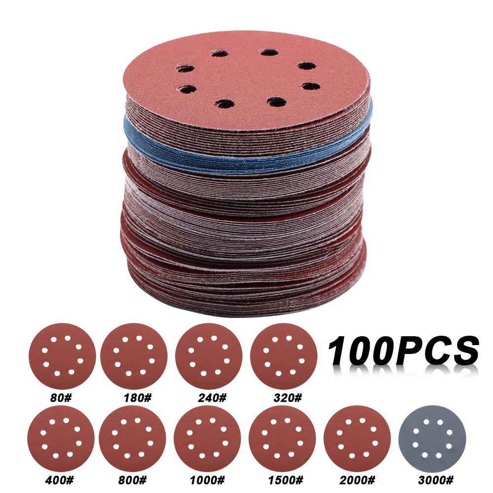 100Pcs/Set 5Inch 125mm Round Sandpaper 8 Holes Disk Sand Sheets Grit 80 ...