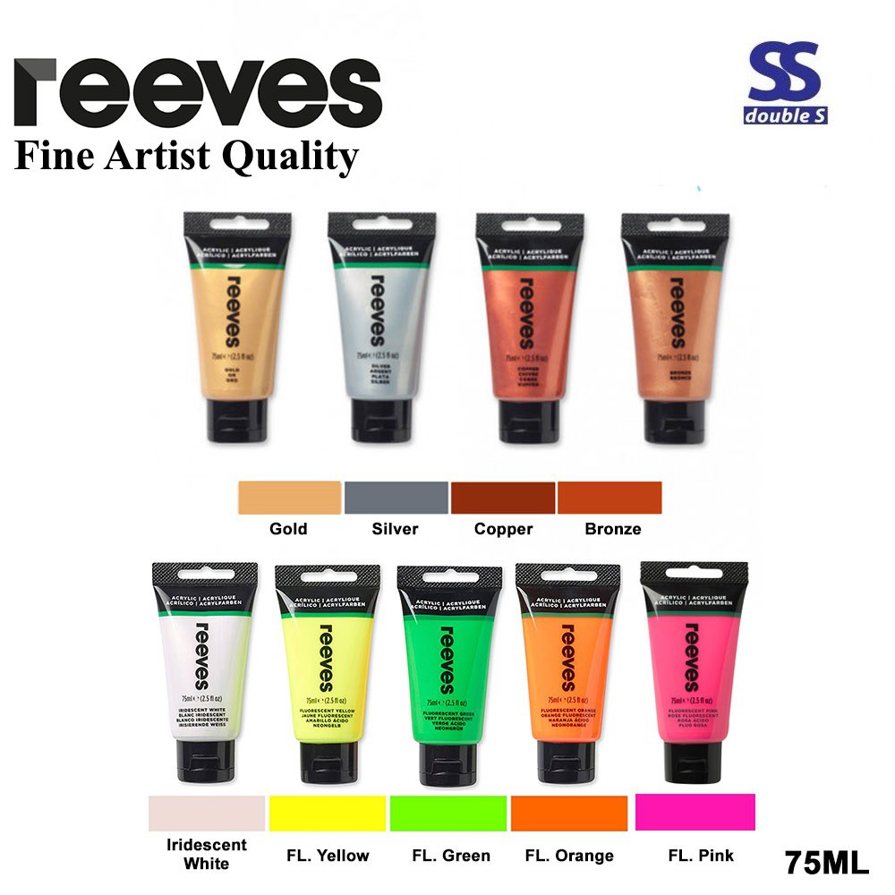 REEVES Artist Acrylic Paint Colours Metallic/Iridescent/Fluorescent ...
