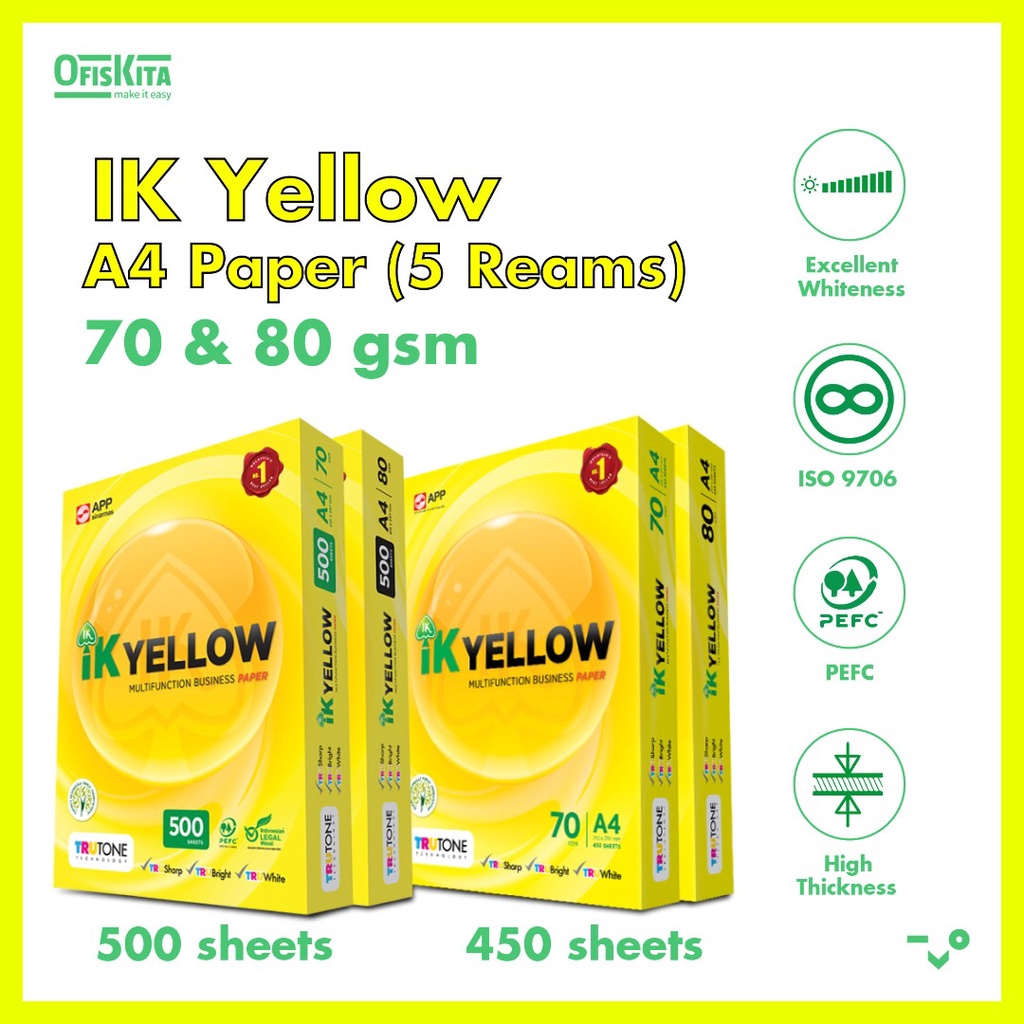 IK Yellow A4 Paper 70GSM/450 sheets 80GSM/500 sheets (5reams) -Maximum (10 REAMS) ONLY ...