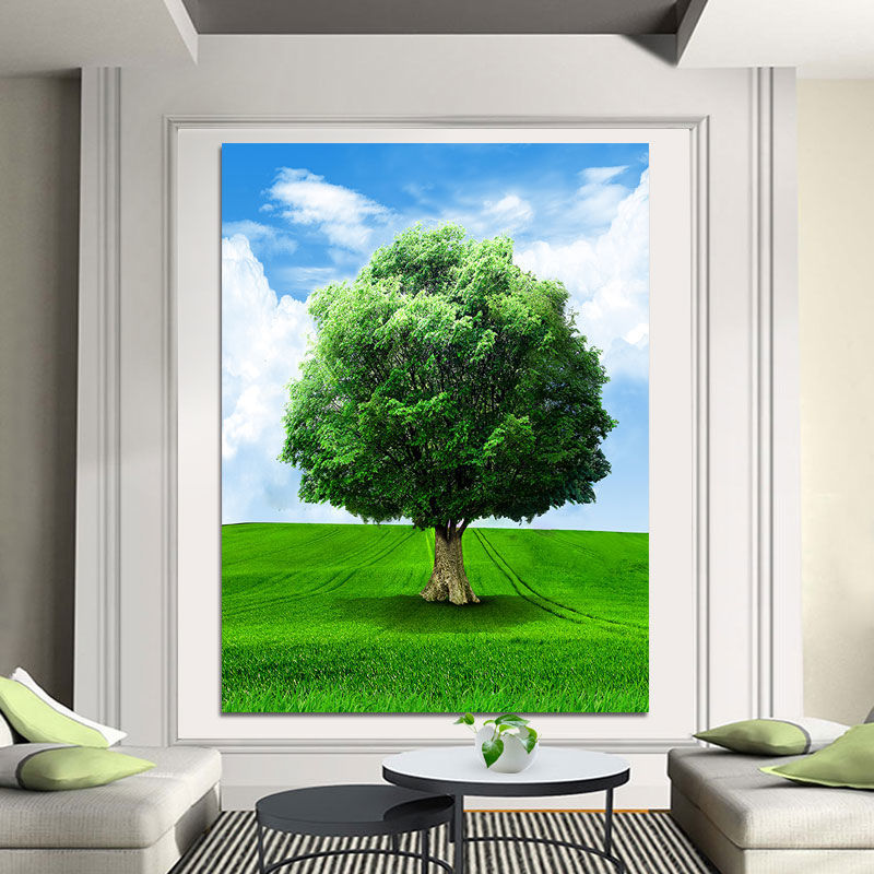 Lukisan hiasan pokok besar langit biru dan awan putih warna hijau pokok ...