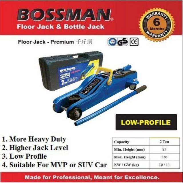 BOSSMAN Heavy Duty 2 Ton Low Profile Hydraulic Floor Jack (11 kg) with ...