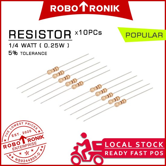 1/4 Watt Resistor 0.25W 5% Tolerance [10pcs] - 220 Ω 330 R 1K Ohm 2K2 4.7K 10K 100K Carbon Firm ...