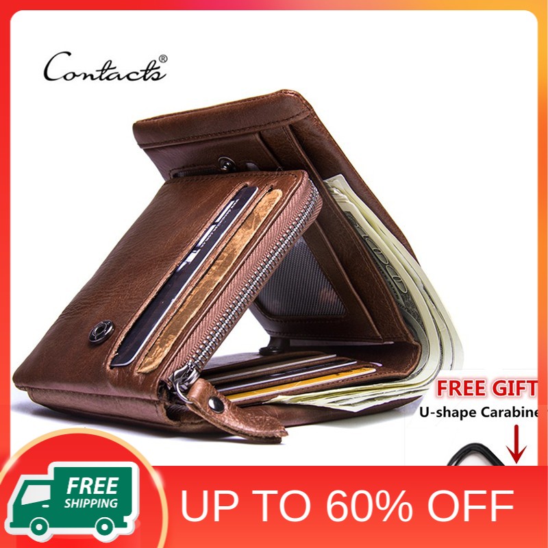 CONTACT'S Genuine Crazy Horse Leather Men Wallets Vintage Trifold Zip Coin Purse | Shopee Malaysia