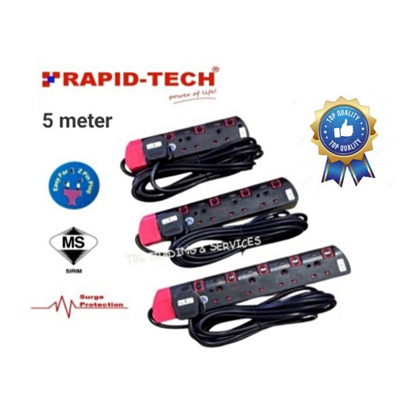 5 Meter 13A Extension Trailing Socket (3 Gang / 4 Gang / 5 Gang) Easy ...