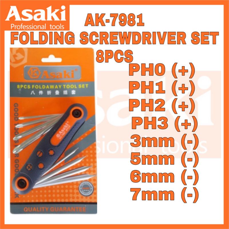 ASAKI JAPAN AK-7981 FOLDING SCREWDRIVER SET 8PCS MULTIPURPOSE FUNCTION SCREWDRIVER FOLDING SET ...