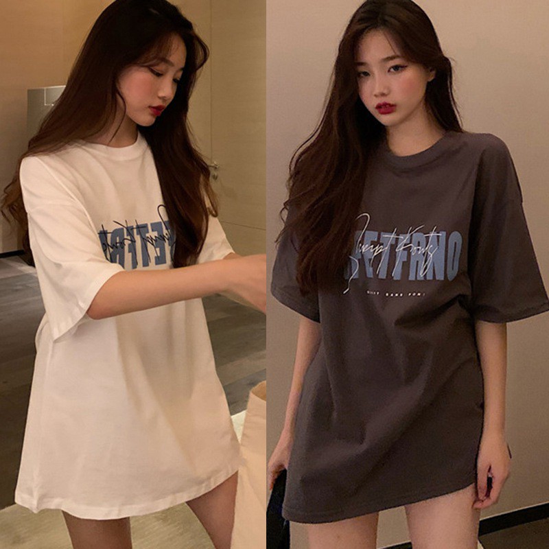 Women Korean Loose Tops Medium Length Short Sleeve Lazy Style Vintage T