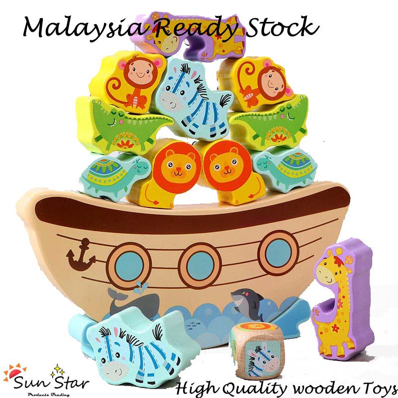 Malaysia Ready Stock~Wooden Boat Animal Stacking Balance Game Building ...