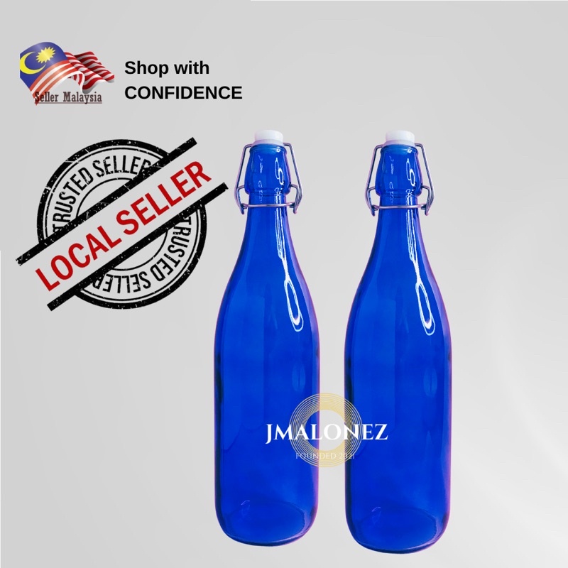 JM 2 units of Dark Blue Glass Water Bottle with Swing Cap Stopper 1L ...
