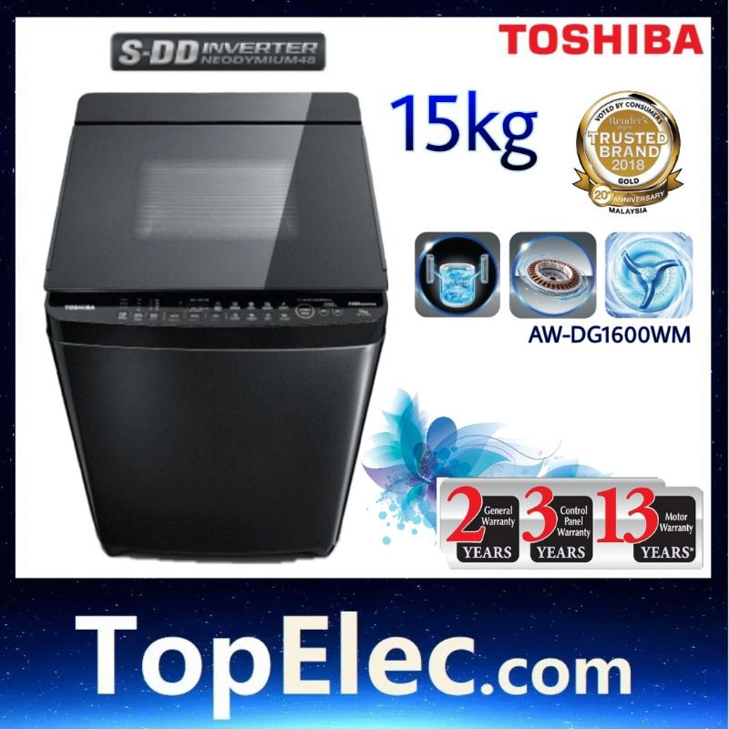 TOSHIBA AWDG1600WM (SK) 15KG FULLY Auto Washing Machine AW-DG1600WM(SK) MESIN BASUH 15KG ...