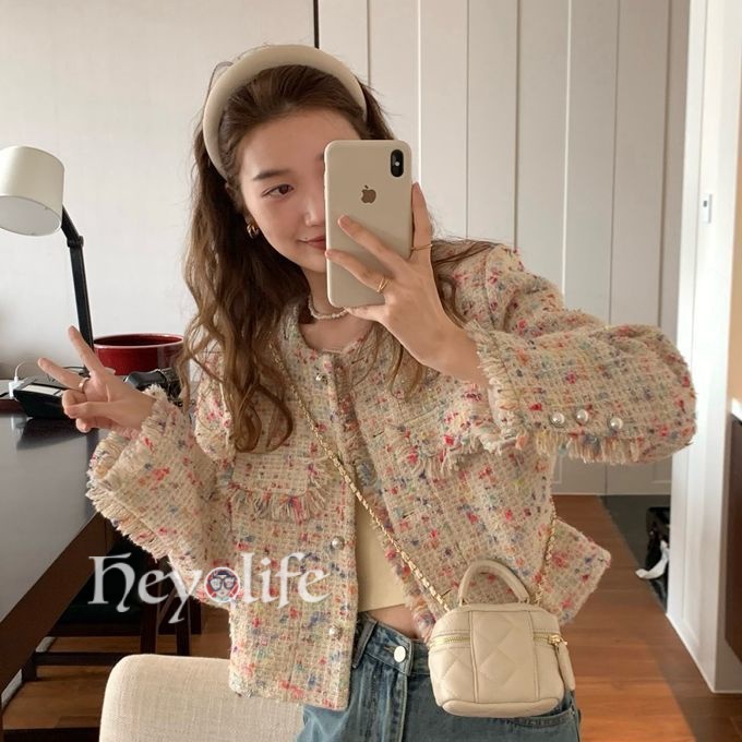 Korean tweed jacket Women Clothes Retro long sleeve coat tweed fabric ...