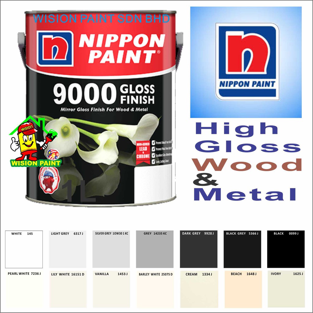 1L ( 1Litre ) Nippon Paint 9000 High Gloss Finish / WOOD AND METAL / A ...