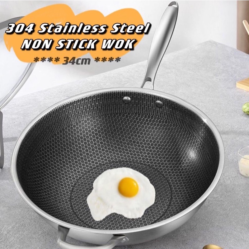 (Ready Stock) 304 Stainless Steel Non Stick Wok 34cm | Shopee Malaysia