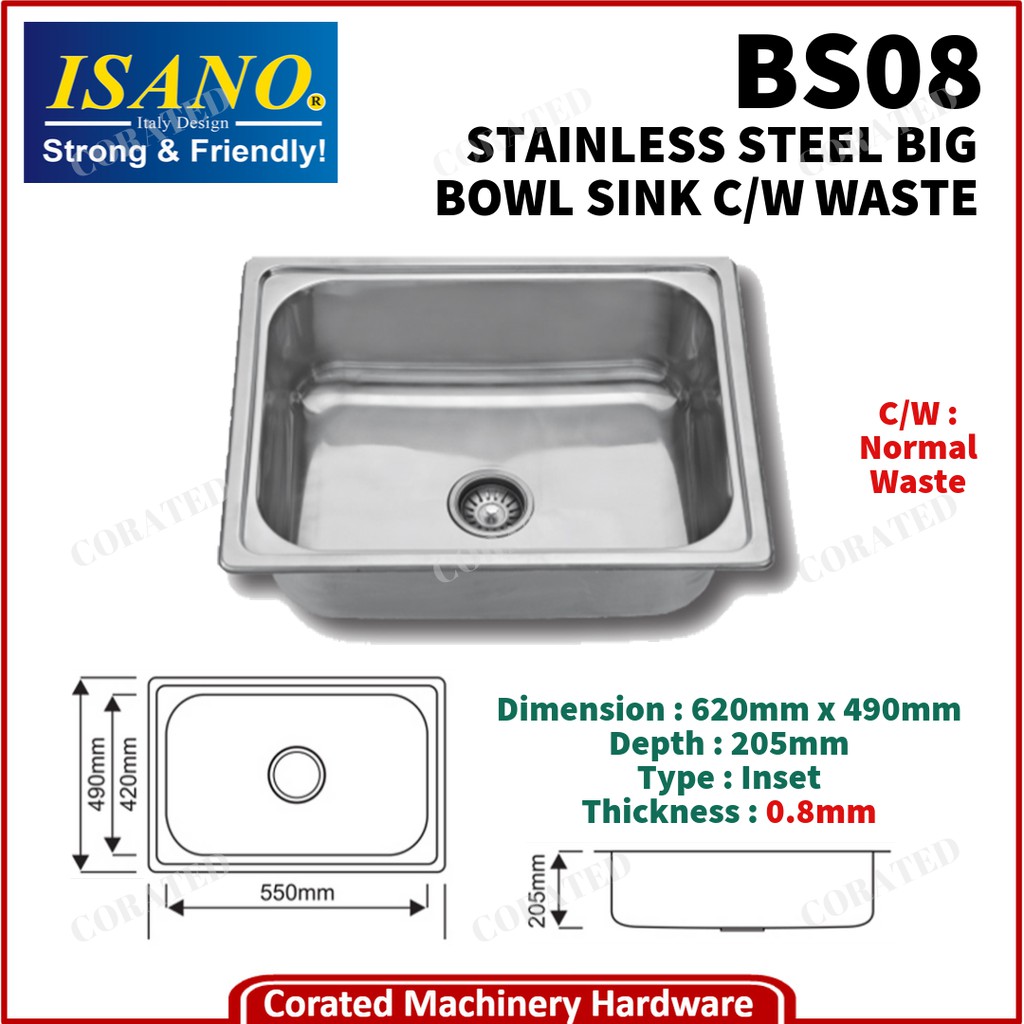 [CORATED] ISANO Stainless Steel Big Bowl Sink C/W Waste BS08 | Shopee ...