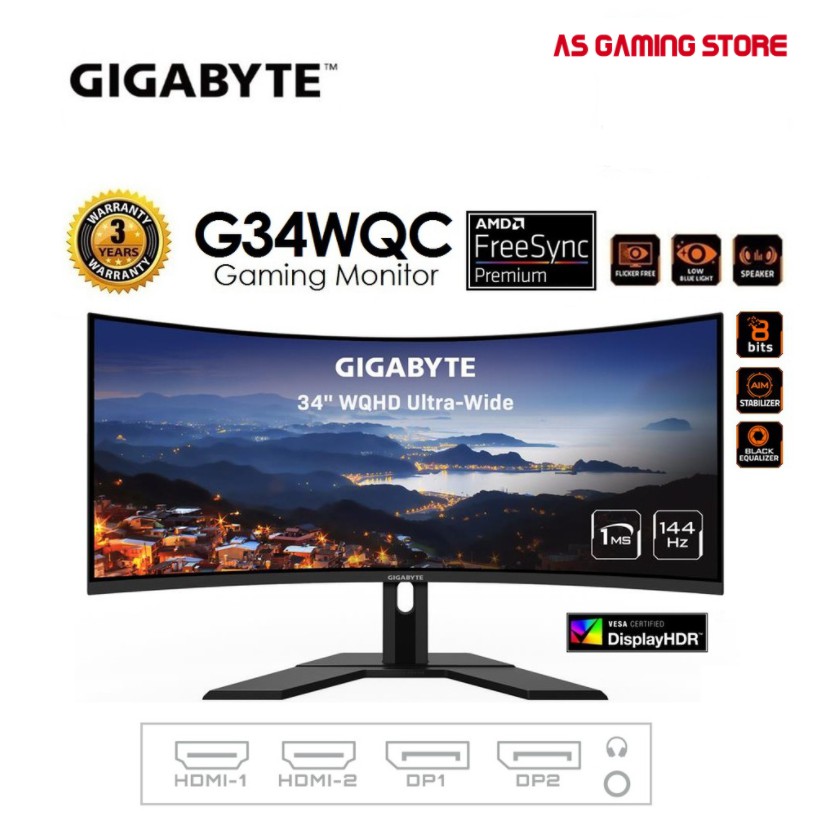 GIGABYTE G34WQC 34" WQHD 144HZ 1MS 8BIT FREESYNC PREMIUM CURVE GAMING ...