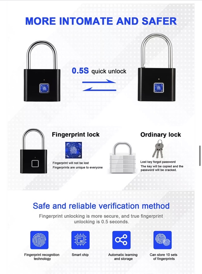 Fast Unlock Smart Life Biometric Thumbprint Fingerprint Key Padlock for ...