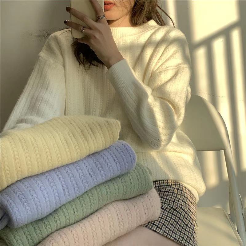 New soft waxy loose long sleeve knitted sweater women | Shopee Malaysia