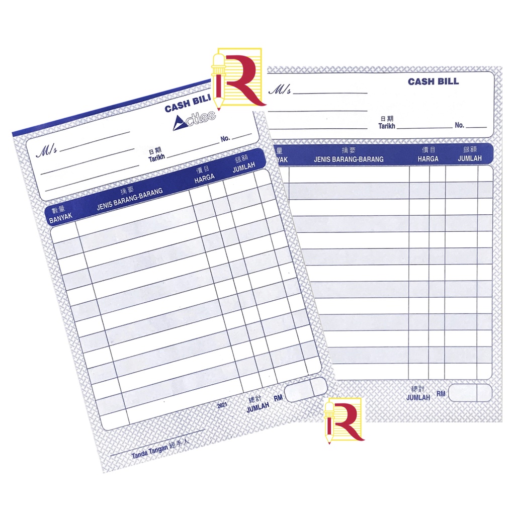 Actlee Cash Bill Book (1 ply x 50 sheets per Pad) 7” x 5” (17.7 cm x 12 ...