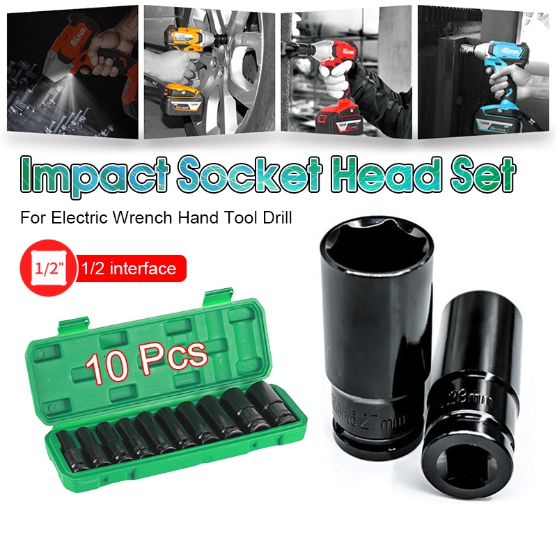 10PCS 1/2 Inch Long Impact Socket Set Black Deep Box Set Tool Set ...