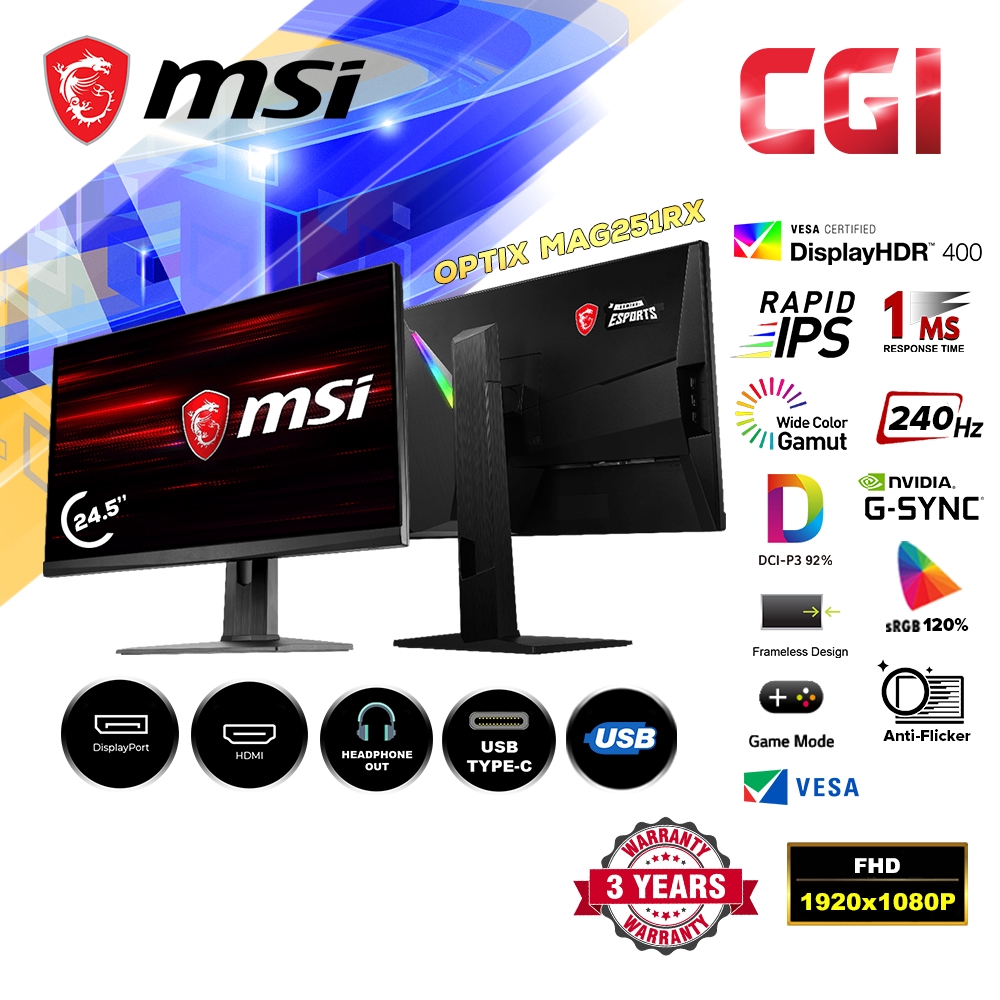 MSI Optix 24.5 " MAG251RX 240Hz 1ms FHD G-Sync IPS Esports Gaming ...