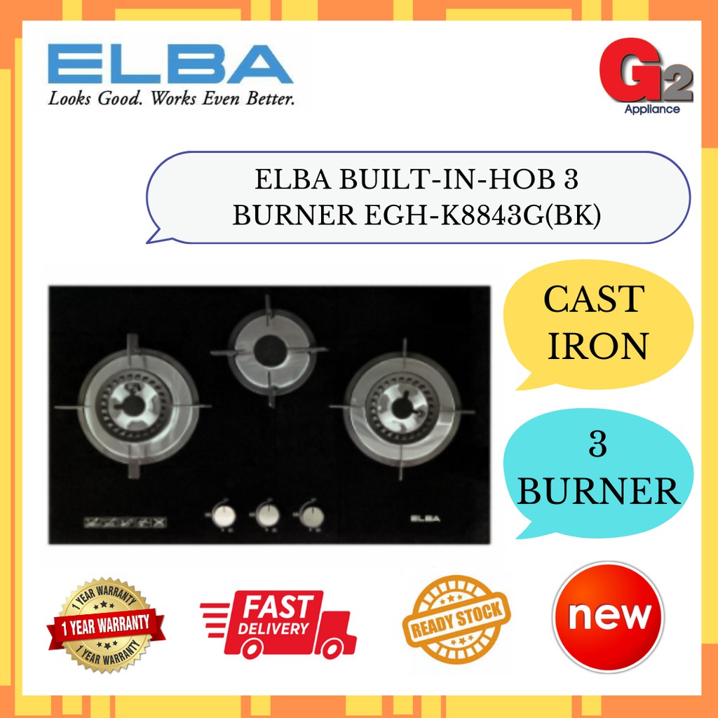 ELBA NEW MODEL BUILT IN GLASS HOB 3 BURNER EGH-K8843G ( HOLE SIZE 703(W) x 403(D)-ELBA WARRANTY ...