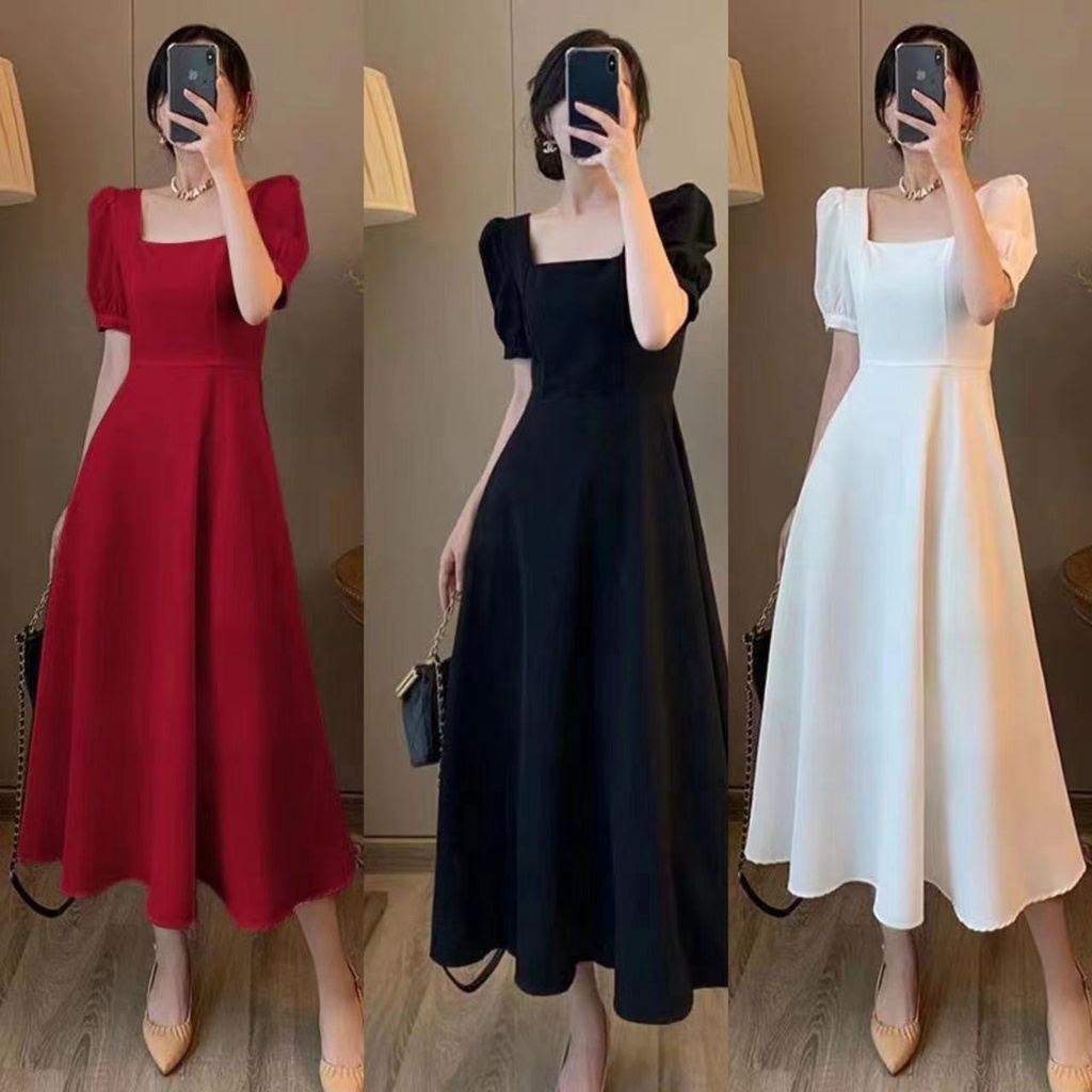 Black long dress women's summer new plus size dress white dress for graduation puff sleeve dress ...