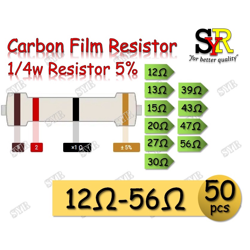 12 ohm~56 ohm 10 Pcs / 50 Pcs Carbon Film Resistor Perintang 1/4Watt 0 ...