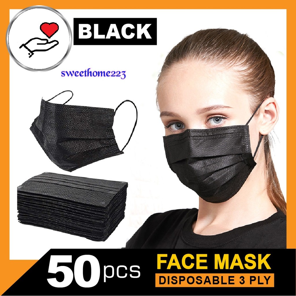 Black Colour Face Mask 3ply 50pcs Mask Hitam(With Box) | Shopee Malaysia