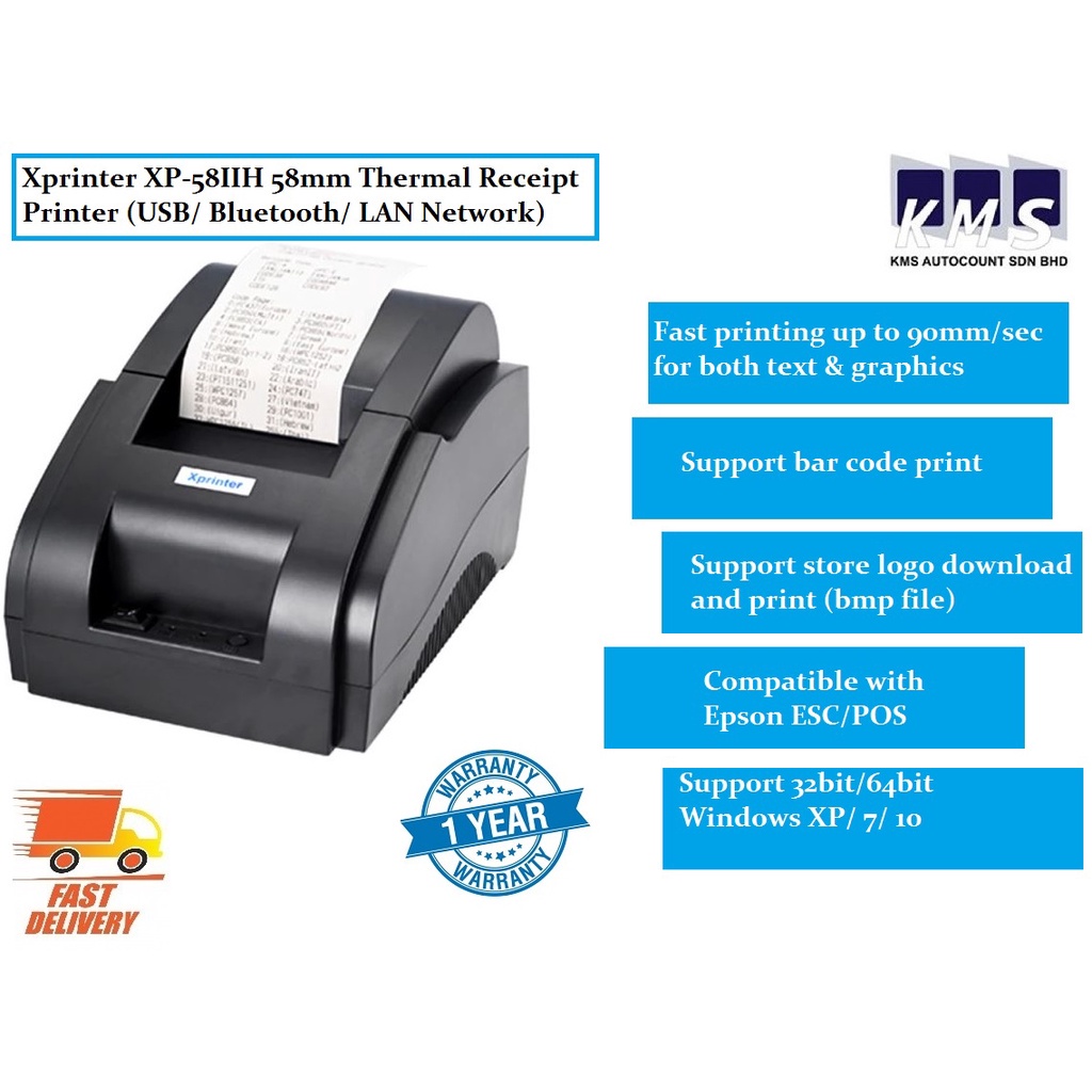 Xprinter XP-58IIH 58mm Thermal Receipt Printer (USB/ Bluetooth/ LAN ...