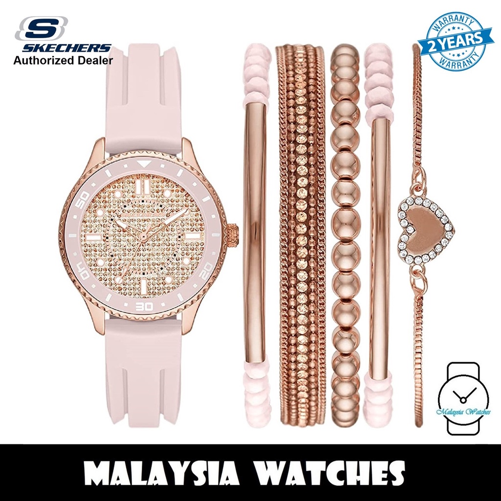 (OFFICIAL WARRANTY) Skechers SR9061 Rose Gold-Tone Dial Pink Silicone Strap Watch + Bracelets ...