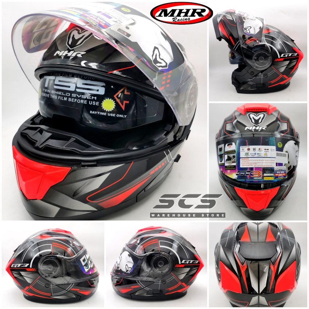 MHR Racing Full Face Helmet Flip Up Double Visor FU926 Black Red R15 ...