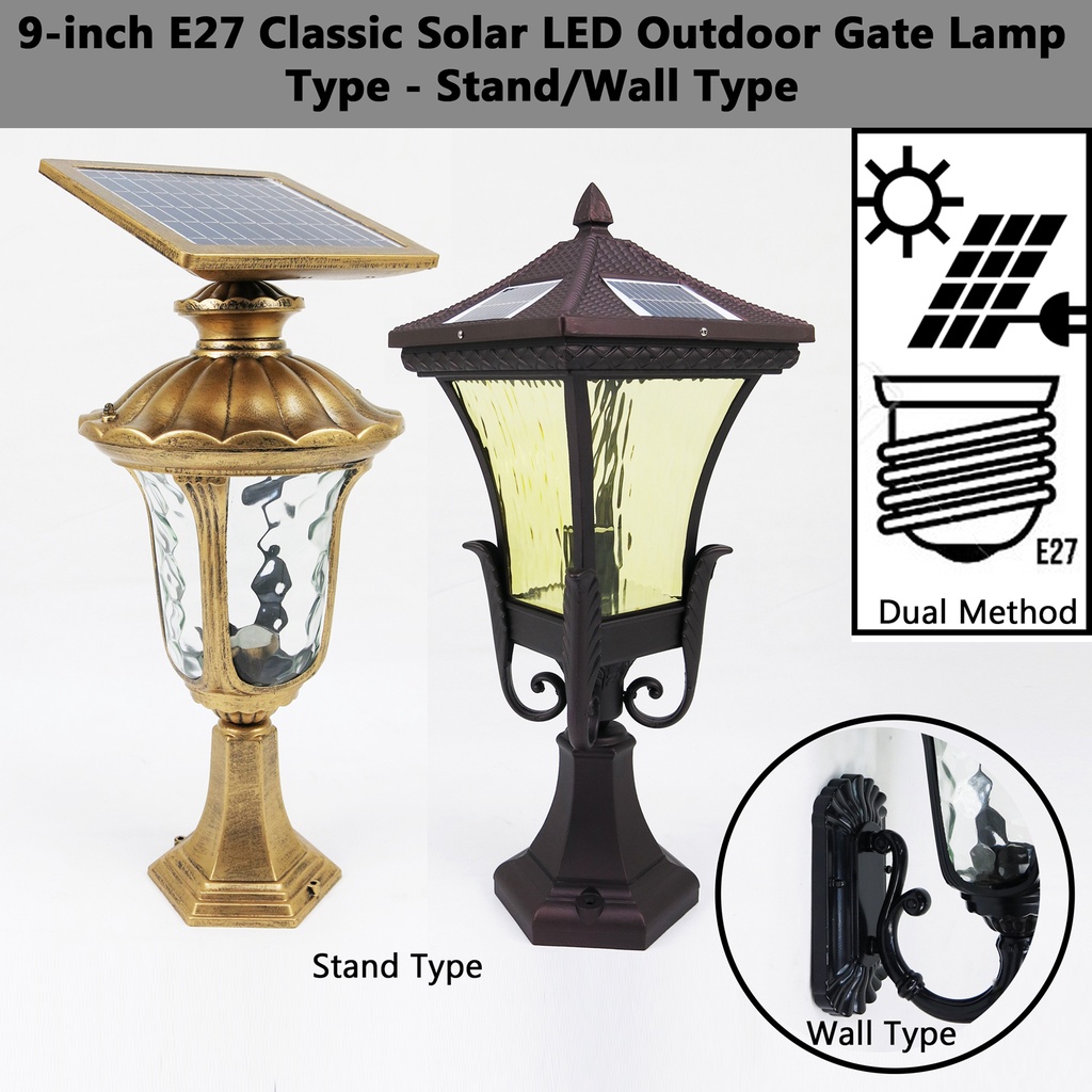 3H Lampu Pagar LED Solar Klasik 1813/1815 9-Inci E27 Kalis Cuaca Gate ...