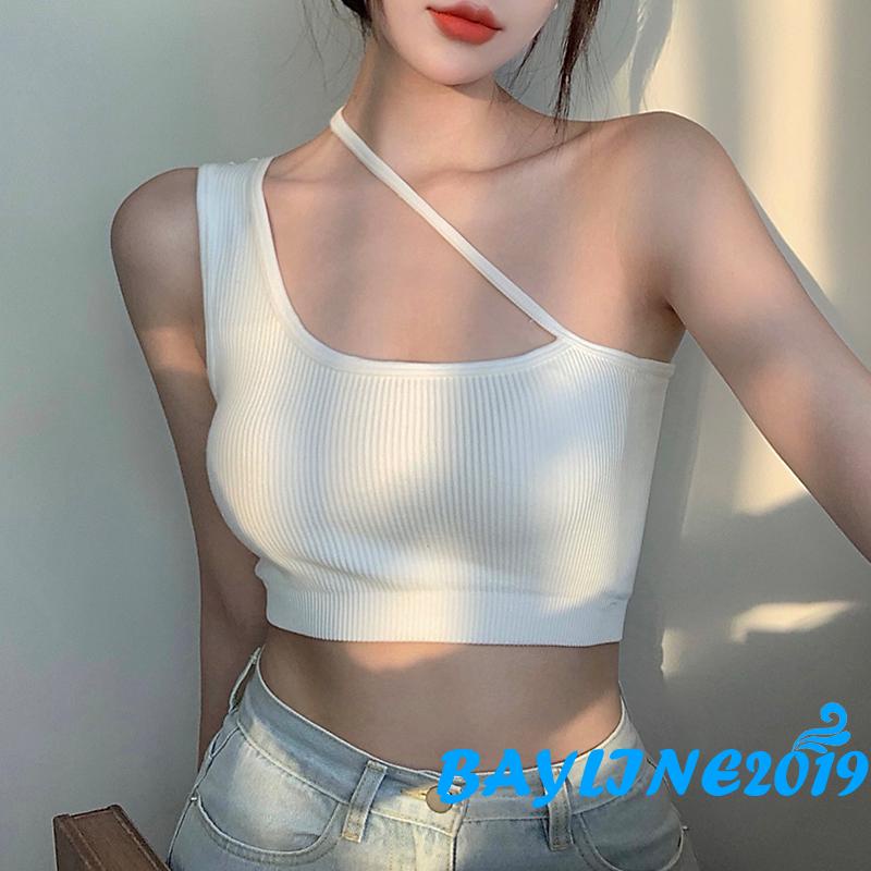 Bay Women Sexy Navel Tops Plain And Ribbed One Shoulder Sleeveless Slim