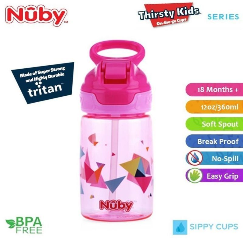 Nuby Thirsty Kids Flip-it REFLEX Tritan Soft Spout Sports Bottle 360ml /12oz Pink/Blue Single ...