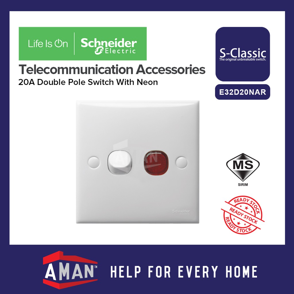 Schneider S-Classic Clipsal 20A 1 Gang Double Pole Switch with Neon and ...