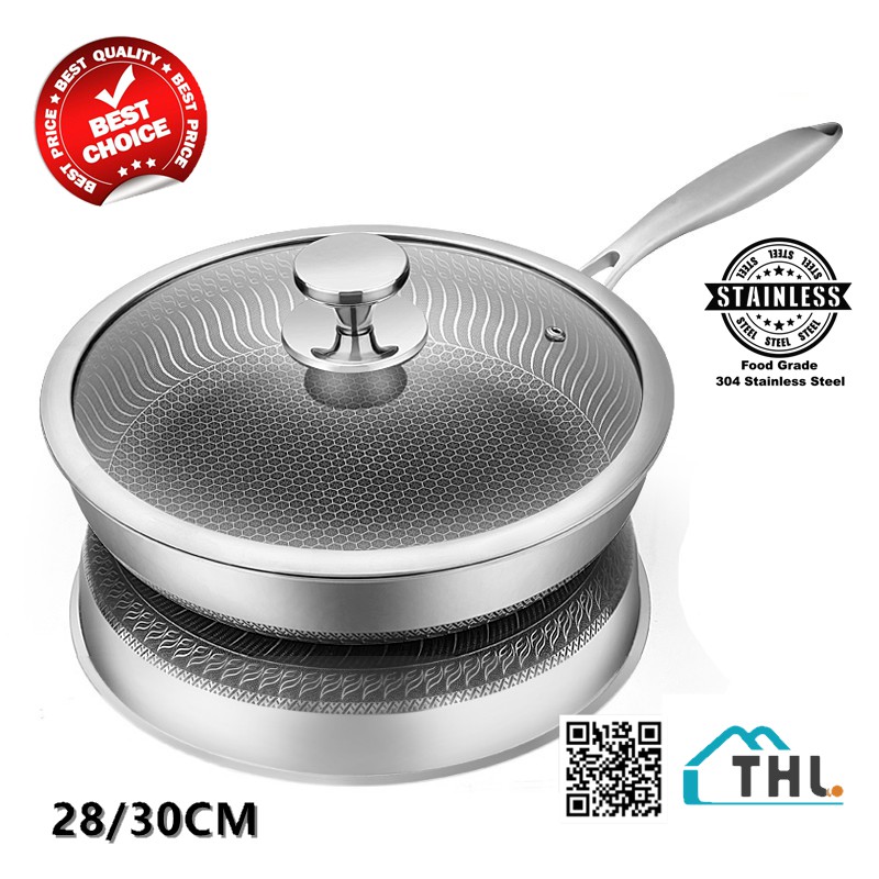 SUS316 30cm Stainless Steel Honeycomb Pan Non-Stick Wok With Lid | Shopee Malaysia