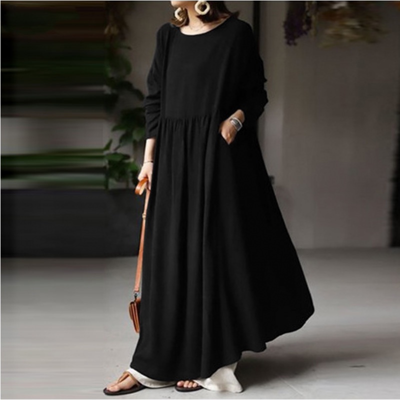 WOMEN‘S LONG DRESS Loose long dress cotton solid color long dress PLUS ...