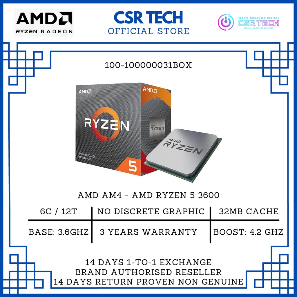 AMD RYZEN 5 3600 AM4 6 Core 12 Thread 32MB L3 CACHE AMD BOX CPU NO ...