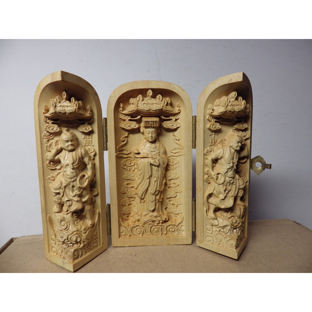 Boutique Portable Three-In-One Buddhist Niche Boxwood Mazu And Dharma ...