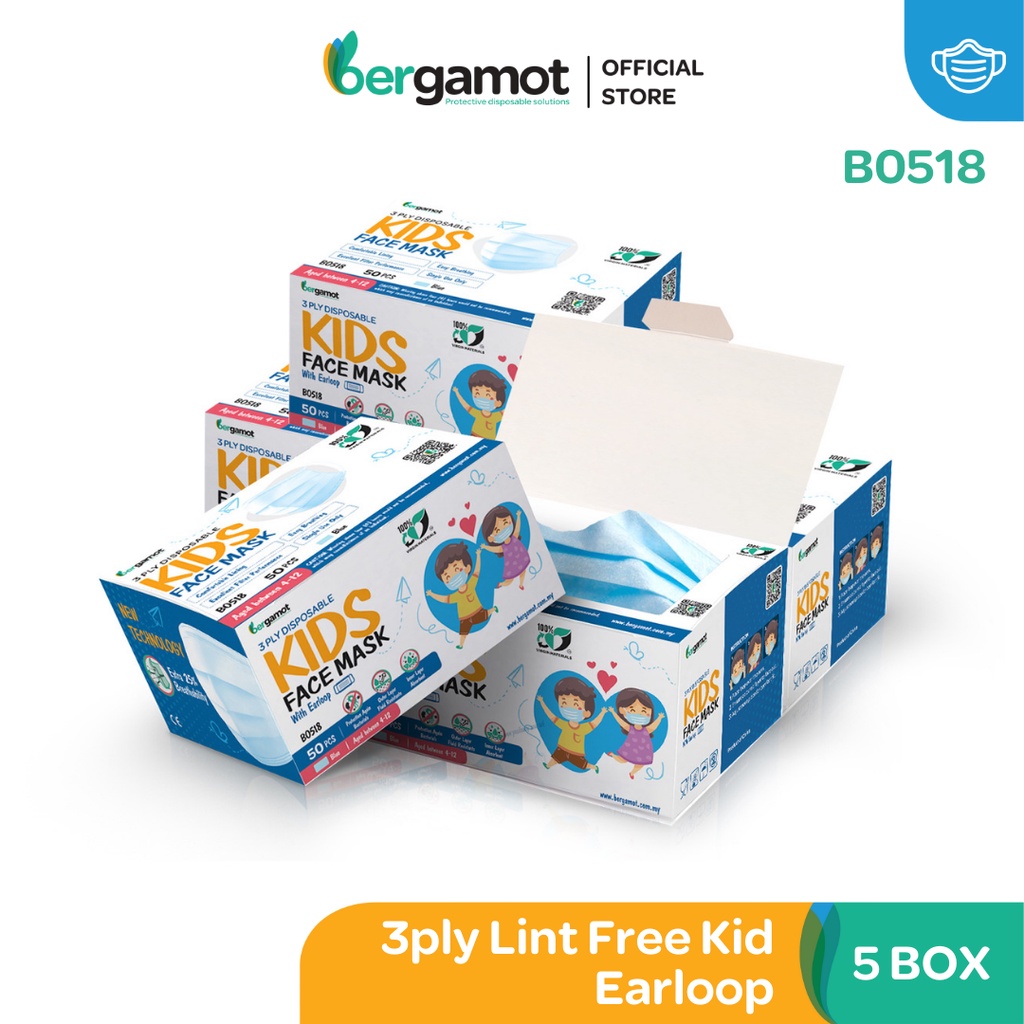 B0518 3 Ply Lint Free Medical Kids Face Mask - Earloop (5 x 50 Pcs ...