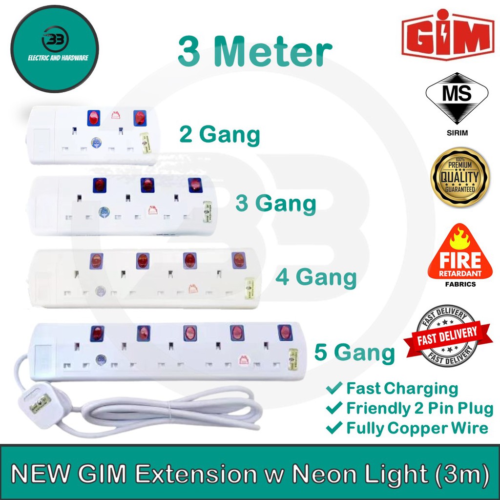 3 METER 2 3 4 5 GANG TRAILING SOCKET EXTENSION SOCKET 3C 1.25MM ...