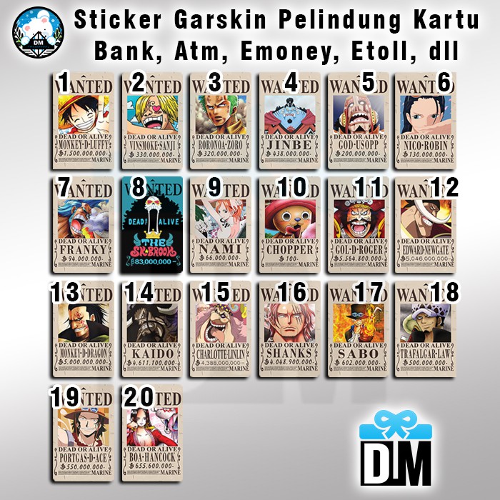 Gar Skin Protector Sticker atm Card ONE PIECE luffy zoro nico robin ...