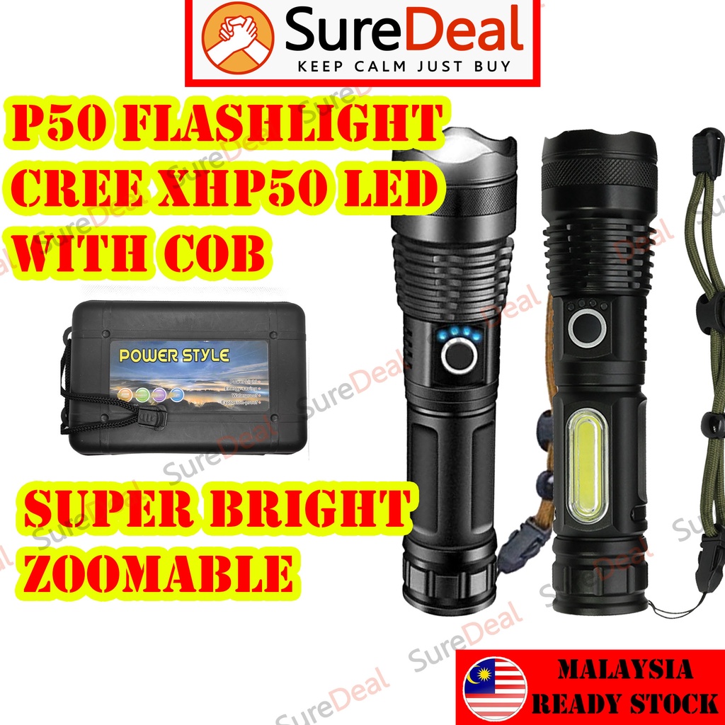 SUREDEAL P50 Rechargeable Flashlight XHP50 Cree LED Super Bright Zoom ...