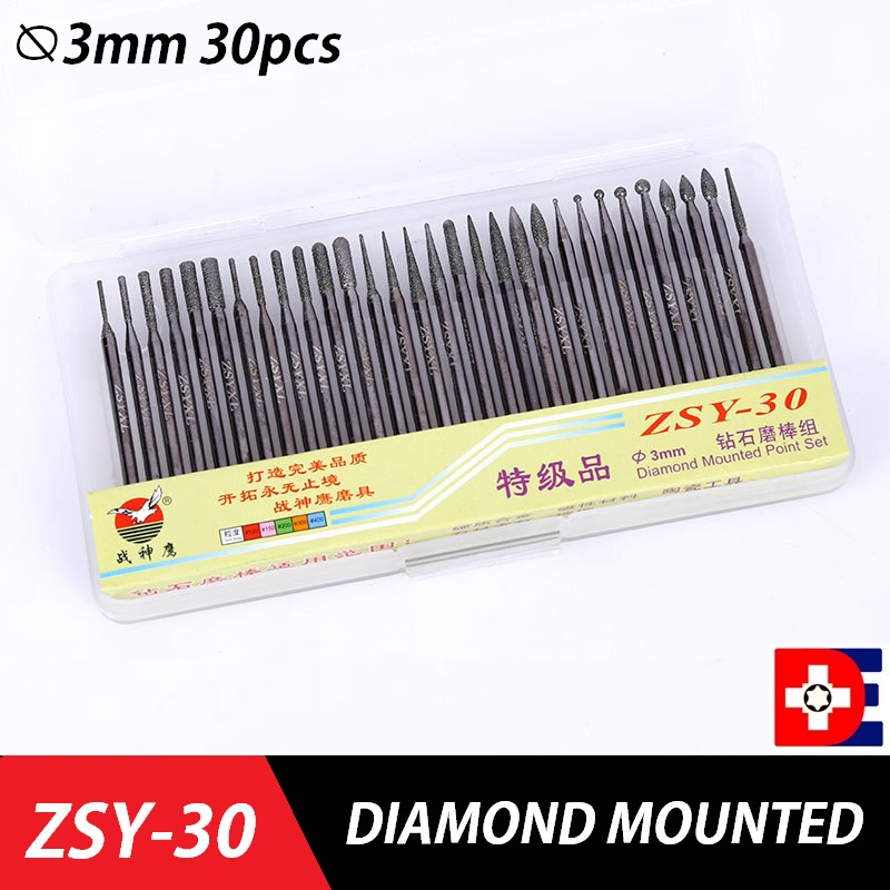 30 pcs ZSY Diamond Burrs For Dremel Rotary Tools 3mm Shank Grinding Needle Polisher Bits ...