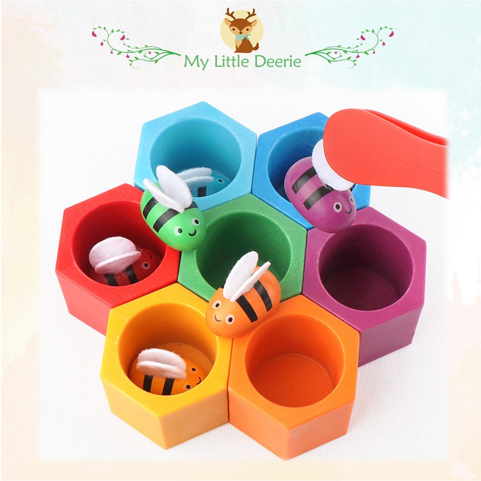 Wooden Beehive Clipping Bee Colour Sorting Stacking Blocks Fine Motor ...