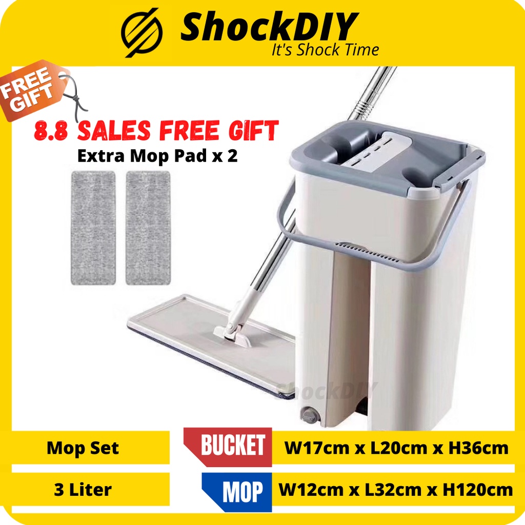 New Mop Self-Wash and Squeeze Dry Flat Mop with Bucket Free 2 Mop Pad ...