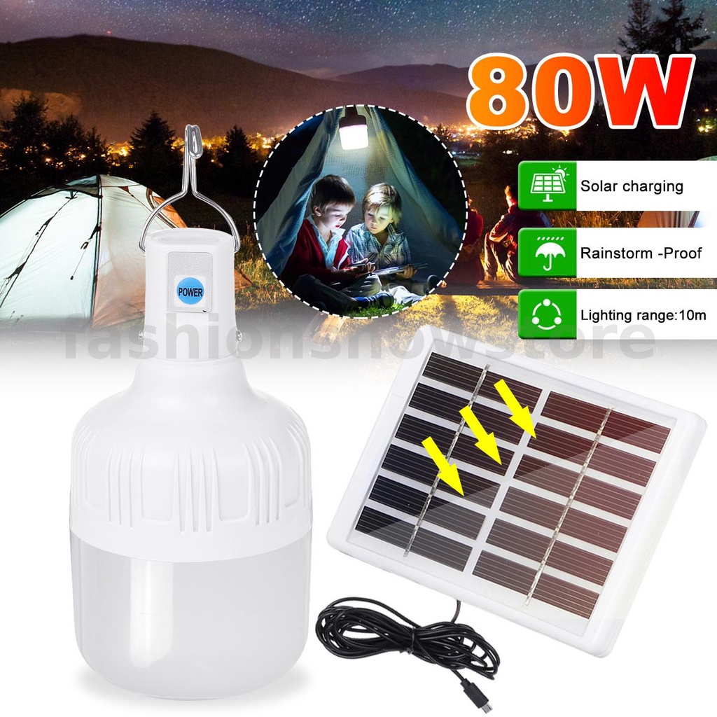 Solar Panel Powered LED Bulb Lamp Portable Camp Tent Fishing Light Hook ...