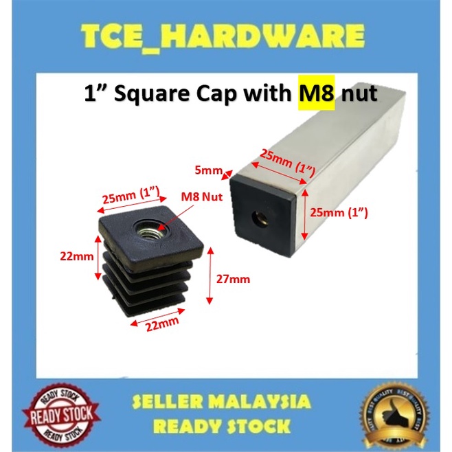 Square cap with M8 / 3/8" nut inserts fittings stopper for chair ...
