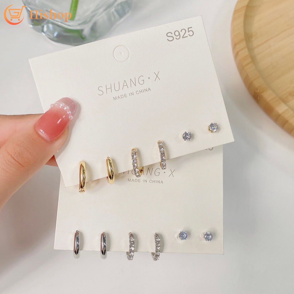 3Pairs/set Simple Diamond Earring Set Gold Silver Hoop Earrings for ...