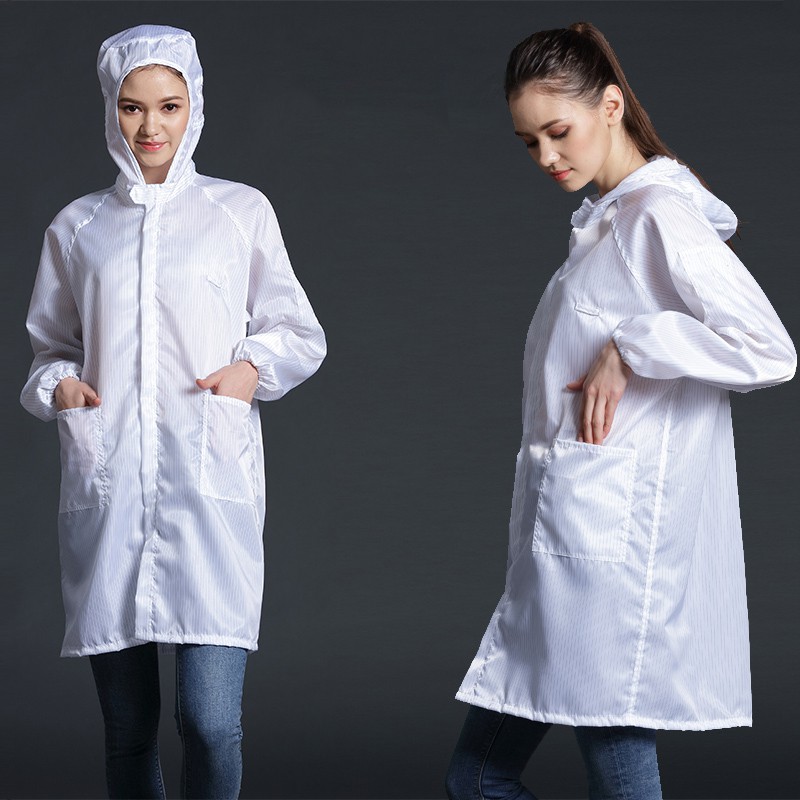 Esd Smock with Hood Round Neck with Zip Antistatic Ppe Gown Washable Lab Coat Cleanroom Suit ...